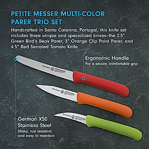 Messermeister Petite Messer Parer Trio Set with Matching Sheath, Blue - Includes 2.5” Bird's Beak Parer, 3” Clip Point Parer & 4.5” Serrated Tomato Knife - Lightweight & Rust Resistant