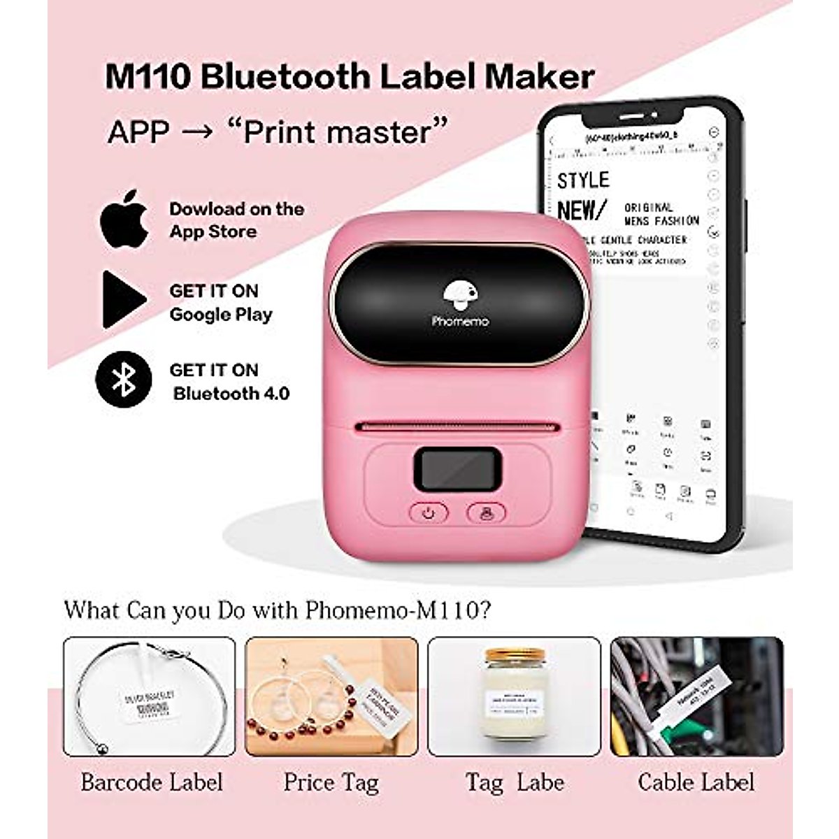 Phomemo M110 Label Maker- Portable Mini Bluetooth Thermal Label Printer Apply to Labeling, Office, Cable, Retail, Barcode and More, Compatible with Android & iOS System, with 1 40×30mm Label, Pink