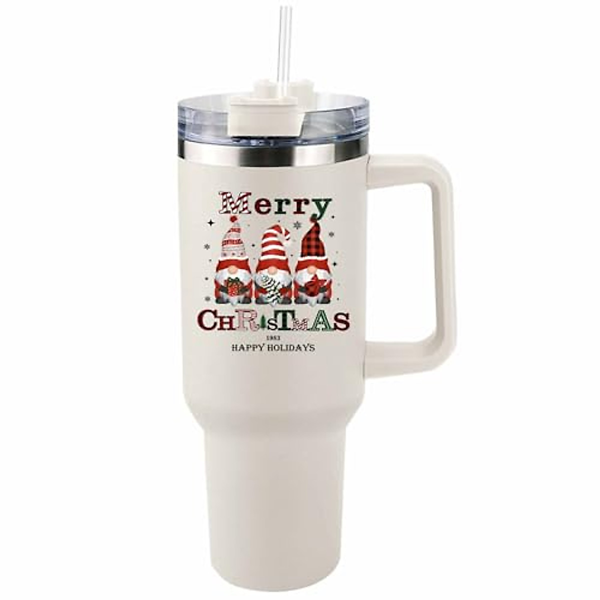LB LEOBON 40 ounce insulated cup with handle, double-layer vacuum stainless steel material, equipped with straw, can keep warm or maintain cold drinks Christmas Text Gnome white