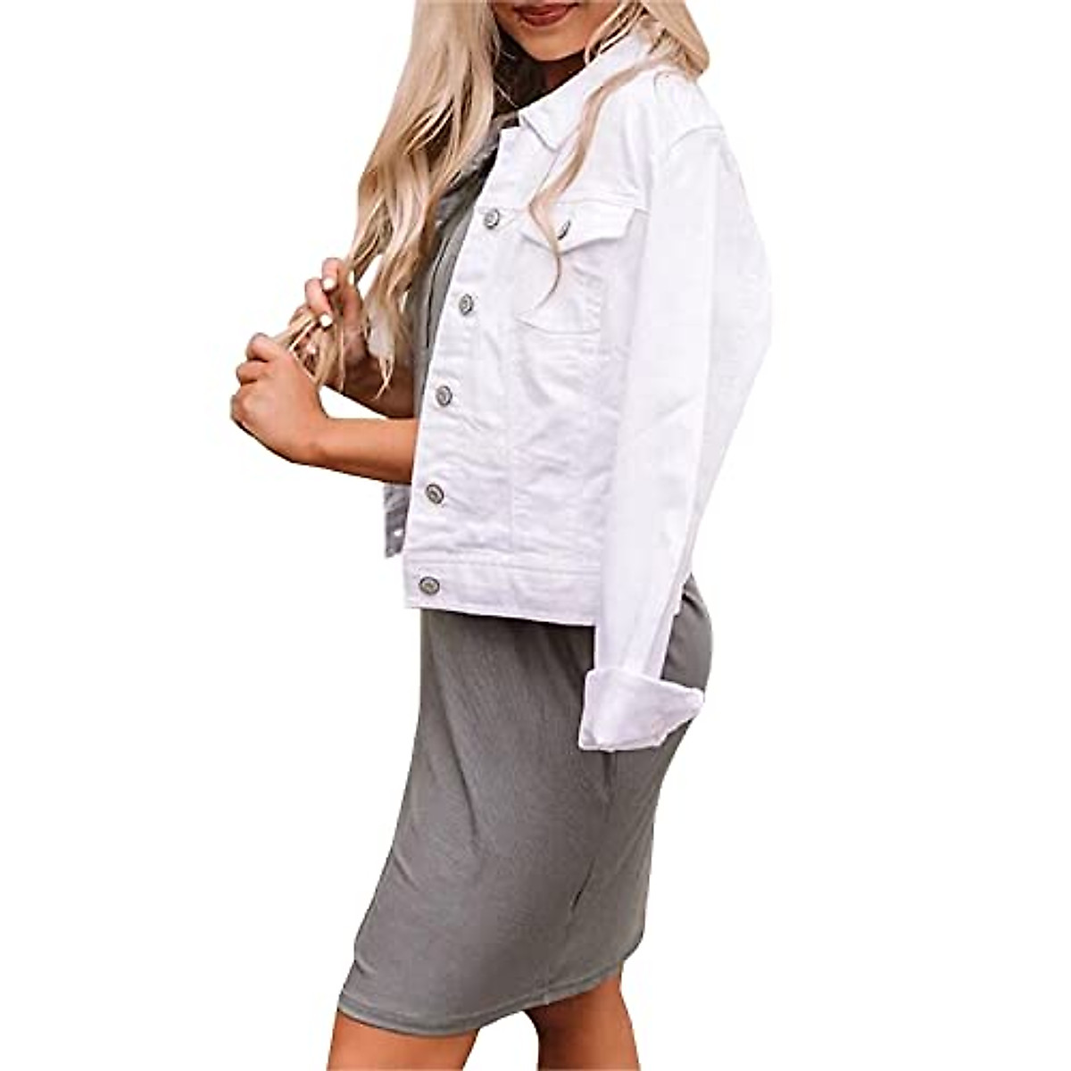 YUZIBAO Women's Oversized Jean Jacket Button Down Cropped Denim Jean Jacket Coat(White,S)