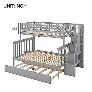 Harper & Bright Designs Twin Over Full Bunk Beds with Trundle , Bunk Beds with Stairs and Storage Shelf ,Wood Bunk Beds with Full-Length Guard Rail for Kids , Gray