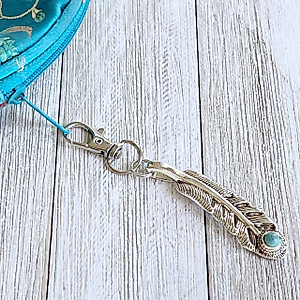Silver Boho Feather Western Turquoise Zipper Pull for Backpacks, Cute Rhinestone Purse Charms, Unique Custom Handbag Jewelry, Personalized Zipper Charms, Camera Bag Charms, Cool Key Chain Charm
