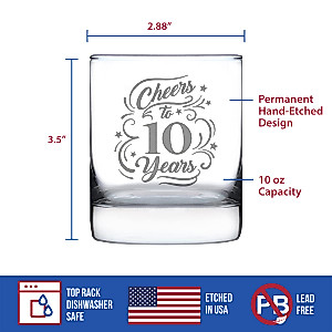 Cheers to 10 Years - Whiskey Rocks Glass Gifts for Women & Men - 10th Anniversary Party Decor - 10.25 Oz Glass