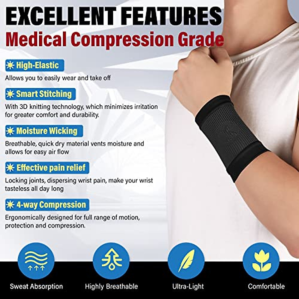 KEKING® Compression Wrist Sleeves for Women Men, 1 Pair, Premium Wrist Support Bands for Carpal Tunnel, Improve Circulation & Recovery, Tendonitis, Tennis, Sports - Wrist Brace Wrist Wraps, Black S
