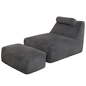 Homguava Bean Bag Chair Large Indoor Beanbag Sofa Lazy Beanbag with Neck Roll&Ottoman Cozy Floor Sofa with Washable Cover&Side Pocket for Bedroom (Grey)