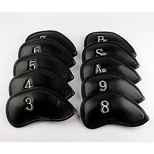 Craftsman Golf 10pcs Black Skull Thick Pu Synthetic Leather Golf Iron Head Covers Set Headcover Skull Fit All Brands Callaway, Ping, Taylormade, Cobra, Etc.