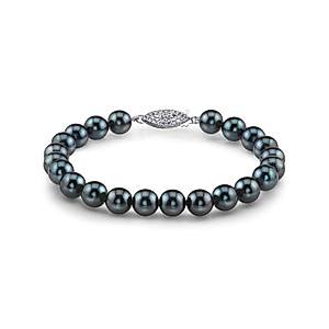 The Pearl Source Sterling Silver 5-5.5mm Round Black Japanese Akoya Saltwater Cultured Pearl Bracelet for Women