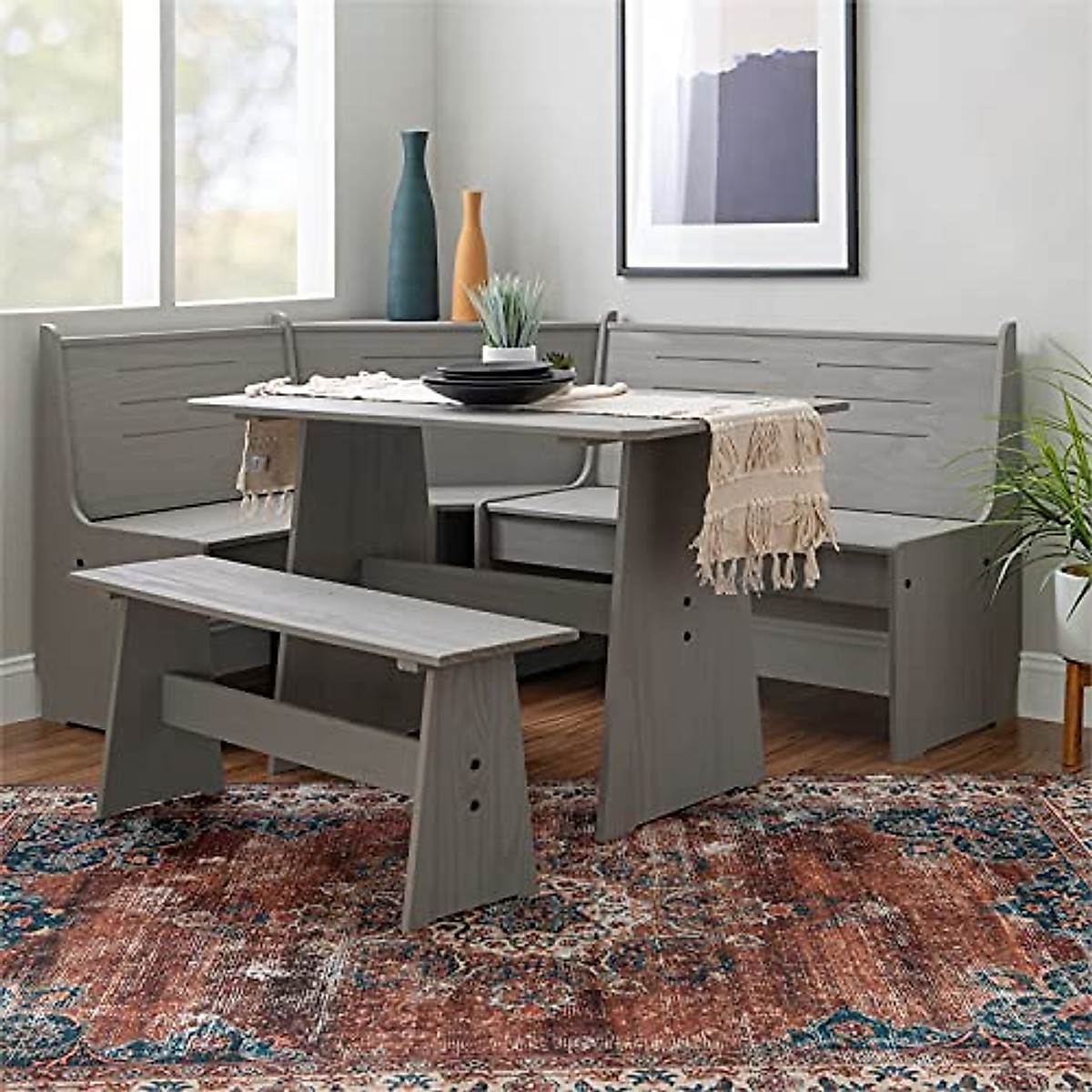 Riverbay Furniture Pine Wood Indoor 3 Piece Kitchen Corner Table Booth Bench Breakfast Dining Nook Set Dining Nook Set in Gray