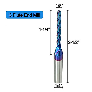 CNC Router Bit 3 Flutes 1/8 inch Cutting Dia 1/4 inch Shank Spiral Solid Carbide End Mill with NACO Coating for Wood Cut Carving Engraving