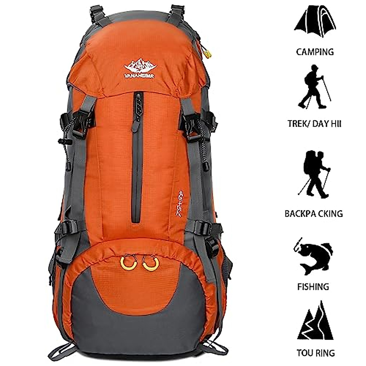 Esup Hiking Backpack, 50L Multipurpose Camping Backpack with rain cover 45l+5l (Orange)