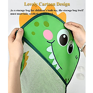 NEXTAKE Baby Bath Toy Organizer, Lovely Cartoon 2 Sided Mesh Hanging Bathtub Toy Holder Quick Dry Mesh Storage Box Large Capacity Tub Toy Storage Bag with 2 Strong Suction Cup Hooks (Dinosaur)