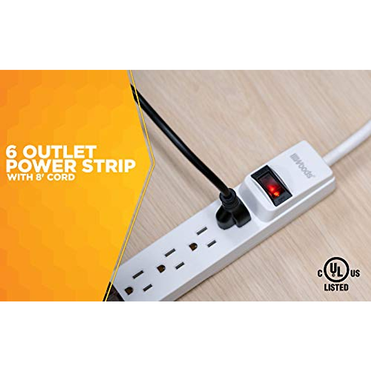 Woods 41436 Power Strip with 6 Outlets and Overload Safety Switch, 8 Foot Cord, White