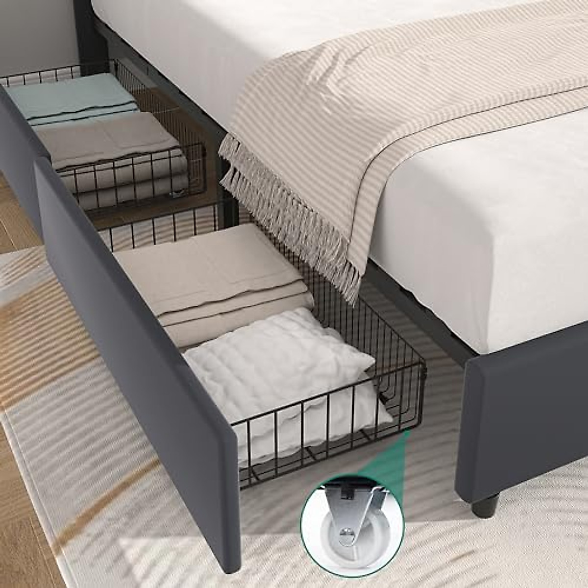 VECELO Queen Size Upholstered Bed Frame with 4 Drawers and Adjustable Headboard, Velvet Platform Storage Bedframe Mattress Foundation, Wooden Slats Support, No Box Spring Needed, Dark Grey