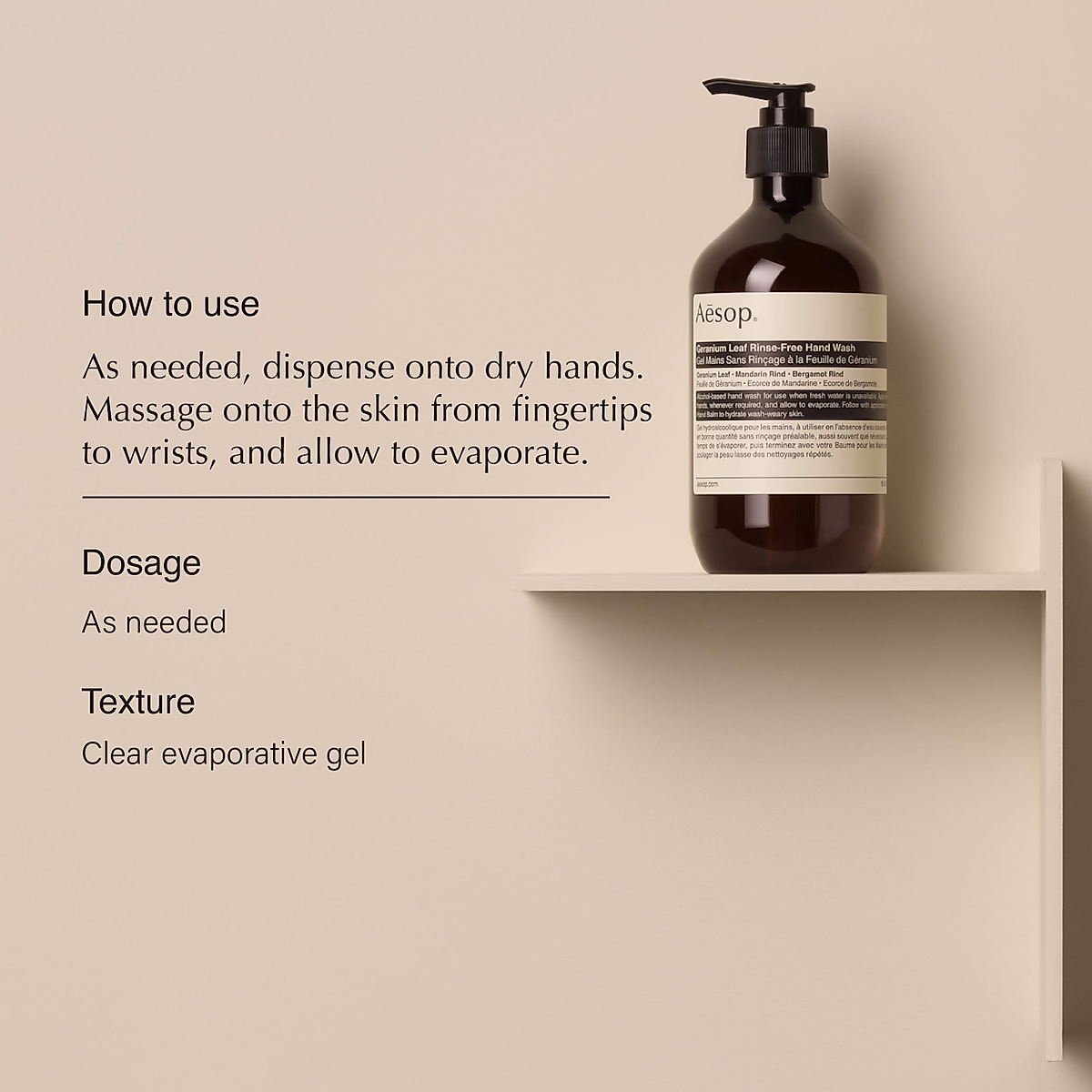 Aesop Geranium Leaf Rinse-Free Hand Wash | Aromatic, Alcohol-Based Gel with Purifying and Hydrating Properties | Cleanses without Water | 16.9 oz