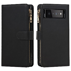 Jaorty for Google Pixel 6 Phone Case Wallet for Women Men with Crossbody Strap Lanyard,Pixel 6 Wallet Case with Card Holer,Zipper Pocket PU Leather Phone Case for Pixel 6, 6.4 Inch, Black