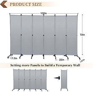 Room Divider Screen Wide Room Divider Panel/Wheels, Decorative Divider for Room Separation, 6 Panel Portable Wall Divider Freestanding Room Partitions and Dividers, Grey Room Separator for Studio