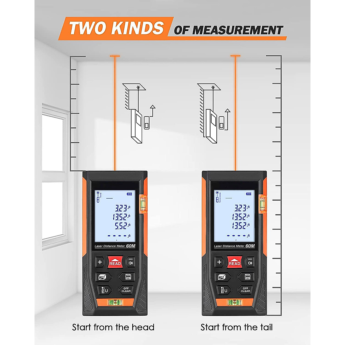 Classic Laser Measure，Digital Laser Measure w/2 Bubble Levels, M/in/Ft/Ft+in Unit Change, Large Backlit LCD, IP54 Shockproof & Waterproof, Live Measuring, Area, Volume, Pythagoras