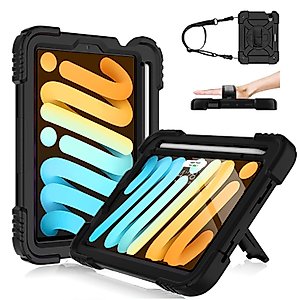 LTROP iPad Mini 6 Case 2021, iPad Mini 6th Generation Case for Kids, Heavy Duty Shockproof Cover with Pencil Holder/360 Rotating Stand/Hand Strap for iPad Mini 6th Generation 8.3 Inch 2021, Black
