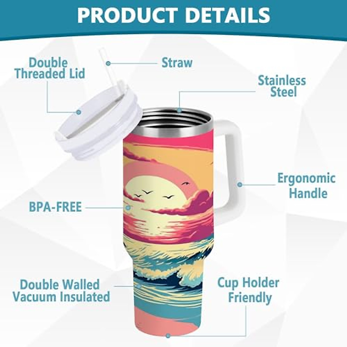 PaChyLuu 30 oz Insulated Tumbler with Handle and Straw Lid, Sunset Beach Lighthouse Leak-Proof Stainless Steel Travel Coffee Mug for Car Cup Holder
