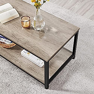 Yaheetech 2-Tier Industrial Wood Coffee Table, Cocktail Table Center Table with Open Storage Shelf for Living Room, Vintage Accent Furniture Table with Metal Frame, Easy Assembly, Gray