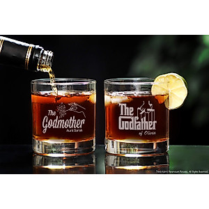 The Godfather & The Godmother Etched Whiskey Glass Set with Your Personalized Text - Officially Licensed, Premium Quality, Handcrafted Glassware, 11 oz Rocks Glass - Collectible Gift for GodParents