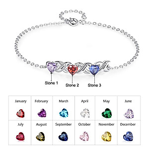 Personalized Heart Link Bracelet for Women Custom 2-7 Names Bracelets with Simulated Birthstones Adjustable Family Bracelets for Mother Daughter (3 names)