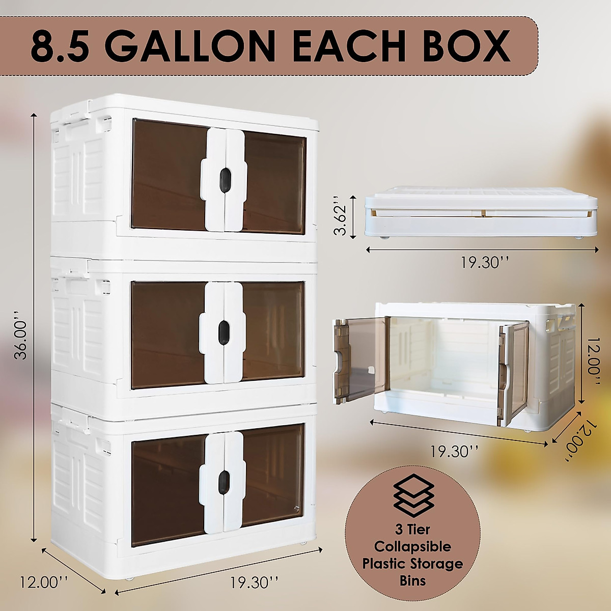 Keszi's Choice 3 Tier Collapsible Plastic Storage Bins with Lids, Wardrobe Closet Organizer, Stackable Storage Bins, Foldable Plastic Storage Container with Doors and Lids 8.5 Gallon each (3 PACK)