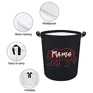 Mama Bear Plaid Foldable Laundry Basket Waterproof Hamper Storage Bin Bag with Handle 16.5"x 16.5"x 17"
