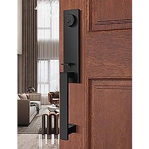 Tinewa Full Escutcheon HandleSet Front Door Entry Handle and Deadbolt Lock Set Slim Square Single Cylinder Deadbolt and Lever Heavy Duty – Matte Black Finish