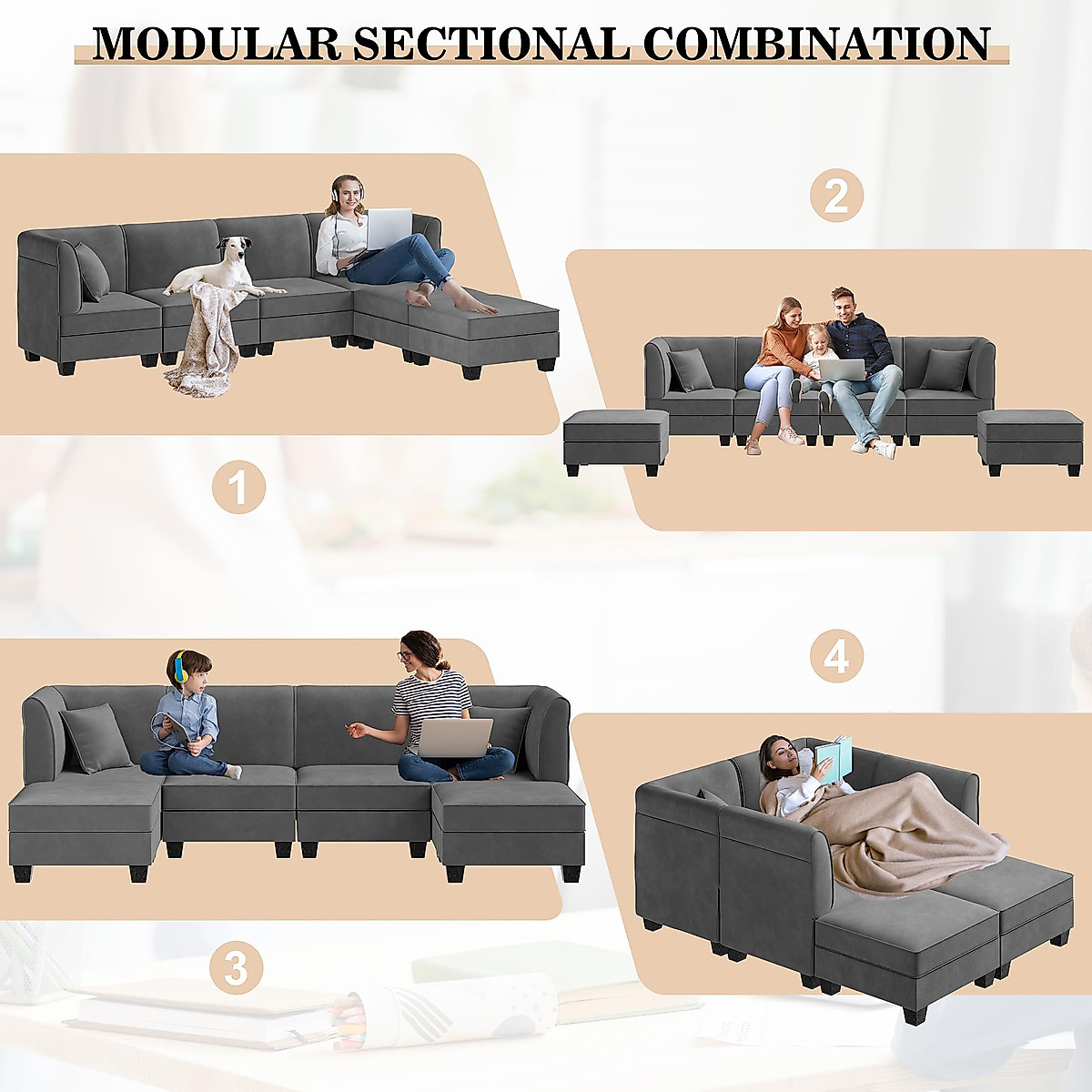 Vongrasig 6 Pieces Sectional Couch Modular Sofa with Reversible Chaise 116" Velvet U-Shaped Couch Sofa 6-seat Modular Large Sectional Couch with Ottoman for Living Room, Upholstered Cushion (Grey)