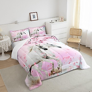 Manfei Farmhouse Horse Kids Comforter Set Twin Size,Sakura Cherry Blossom Romantic Bedding Set,Girls Boys Women Room Decor,Flowers Animals Rustic Down Comforter,Pink Dreamy Duvet Insert,1 Pillowcase