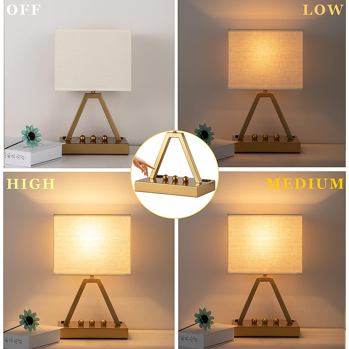 Briever USB Touch Control Table Lamp, 3-Way Dimmable Desk Lamp with USB C & USB A and AC Outlet, Bedside Lamp with Phone Stand and Fabric Shade for Bedroom, Living Room,Bulb Included, Gold