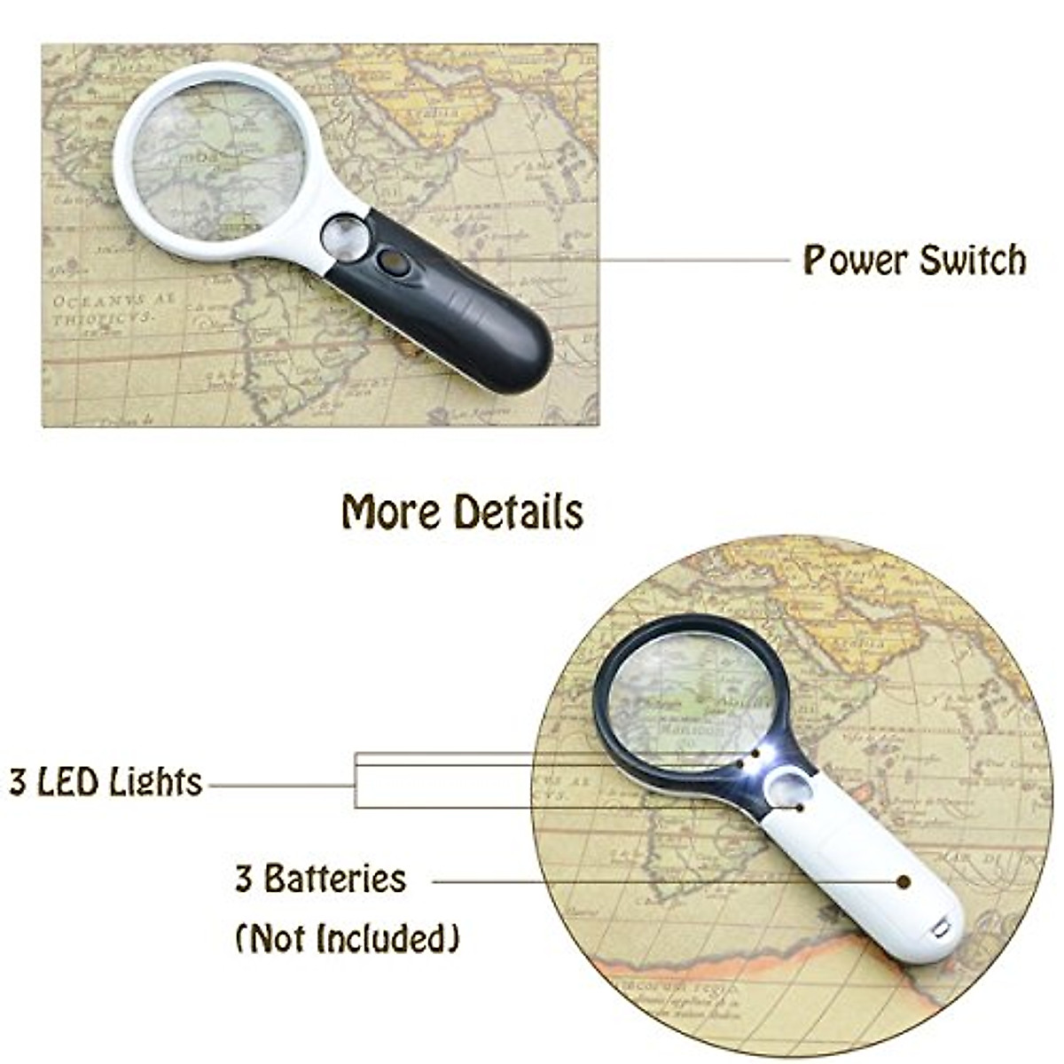 2 Pack Magnifier 3 LED Light, Marrywindix 3X 45X Handheld Magnifier Reading Magnifying Glass Lens Jewelry Loupe