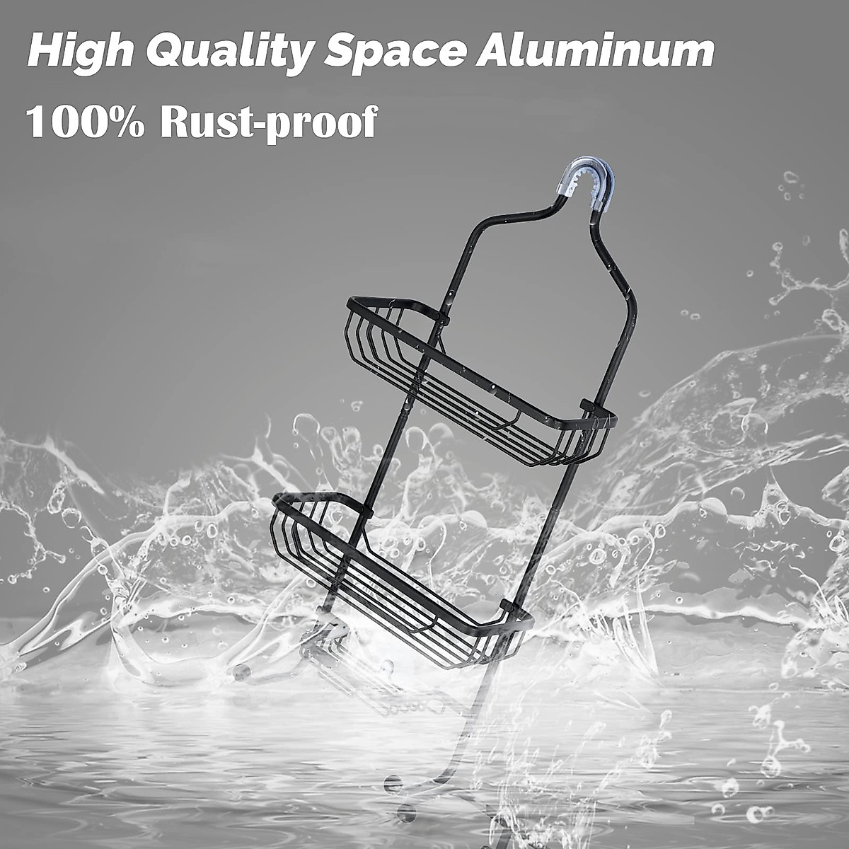 Vuskly Shower Caddy Over Shower Head, Aluminum Hanging Shower Organizer with 3 Shelf and 2 Hooks,Strong Suction Cups, Wide Space Shower Caddy for Shampoo and Soap, Black, 11x4.9X 24.8 inches