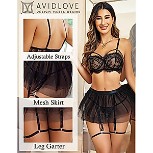 Avidlove Lace Lingerie Set with Garter Belt Mesh Skirt Nightwear (Black, Small)