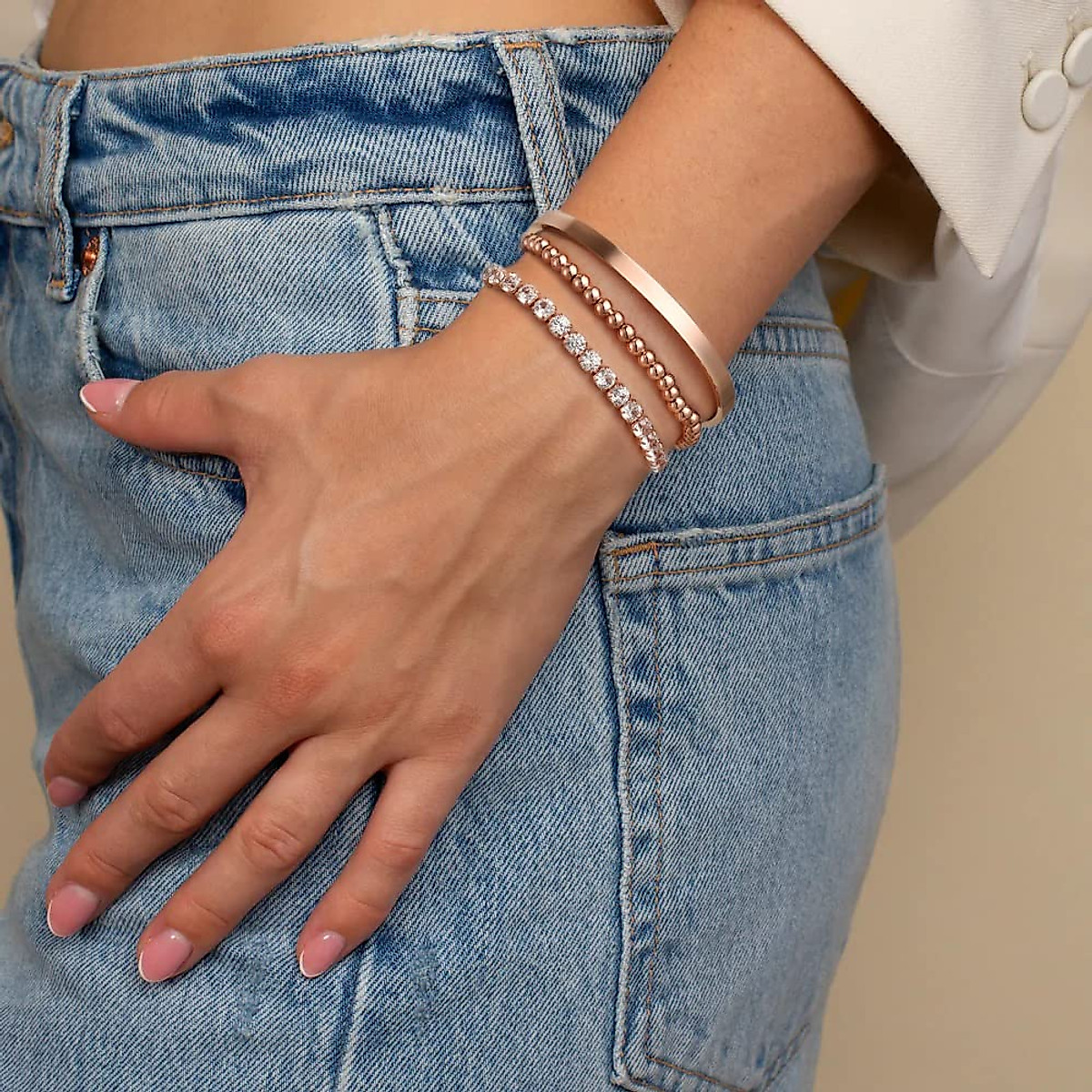 Starain Tennis Bracelets for Women White Cubic Zirconia Bling Bracelet,Rose Gold Copper Beaded Bracelet Cuff Bracelet Set