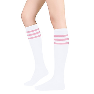 DOOVID Knee High Socks for Women Tube Socks Elasticity Athletic Socks Stripe Knee High Stockings Casual Socks White Pink One Size