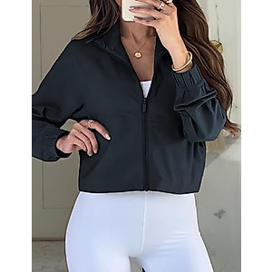 UANEO Womens Athletic Cropped Jacket Zip Up Long Sleeve Workout Tops Gym Yoga Running Sports Shirts Jackets(Black-M)