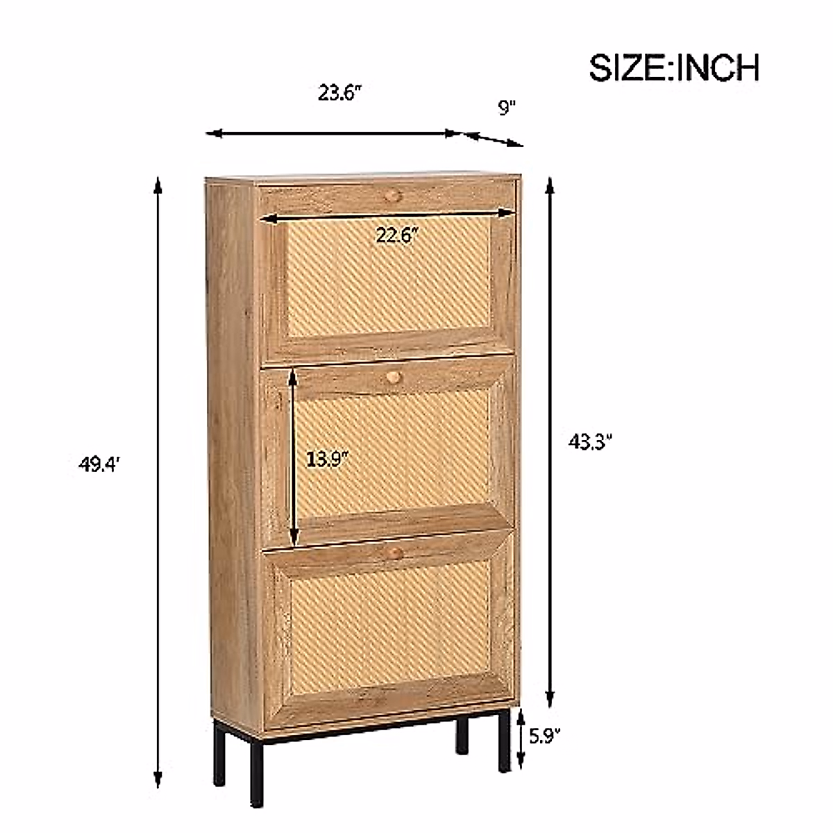 BouPower 3 Flip Drawer Shoe Cabinet,Natural Rattan Shoe Cabinet for Entryway Slim,Boho Shoe Cabinet for Entryway Hallway Bedroom Mudroom 23.6"" L×9"" W×49.4"" H