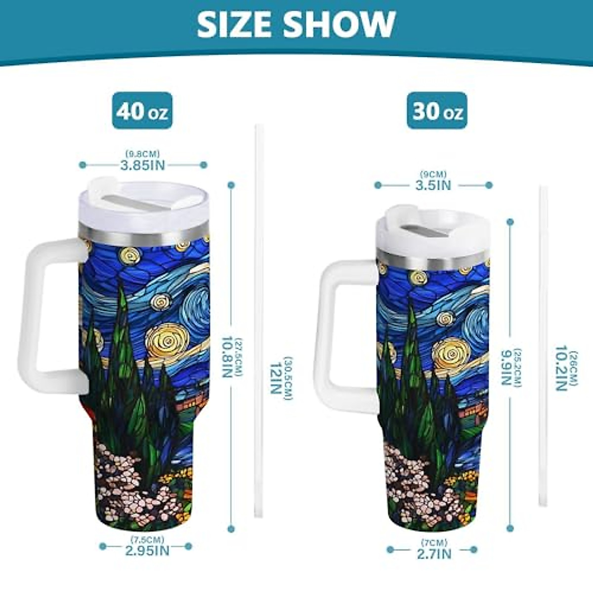 RPLIFE Village River Mountain Starry Sight Style Stainless Steel Tumbler, Insulated Cup with Straw, Coffee Tumbler for Women