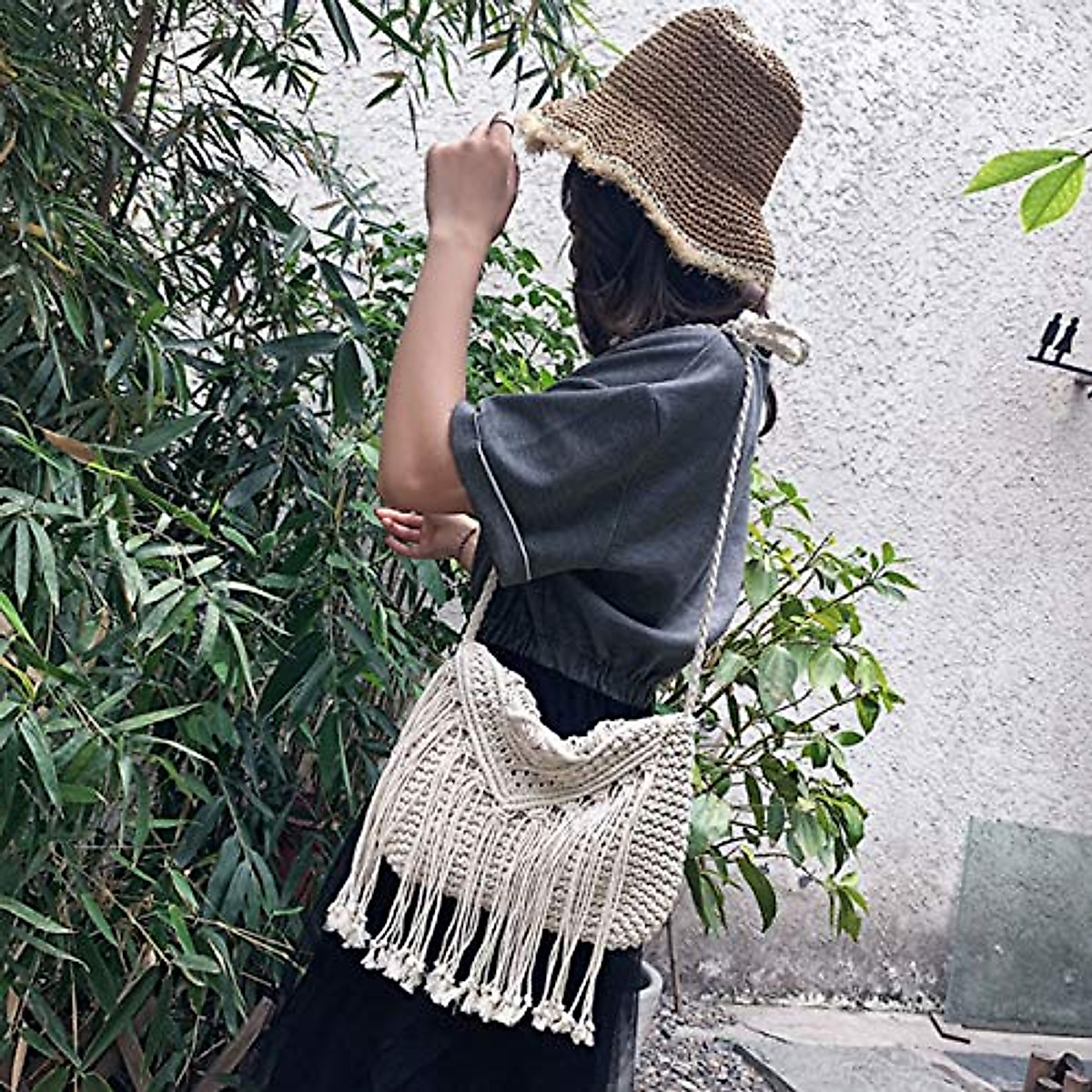 DIGOGO Womens Cotton Crochet Fringe Crossbody Shoulder Bag Bohemian Summer Beach Purse Handwoven Straw Bag