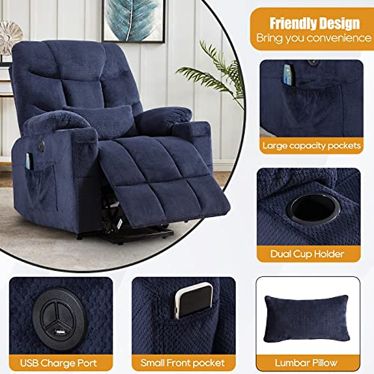Consofa Power Lift Recliner, Lift Chair with Heat and Massage, Lift Recliner Chairs for Elderly, Electric Power Lift Recliner Chair with Lumbar Pillow, 4 Pockets and 2 Cup Holders, Plush Fabric (Blue)