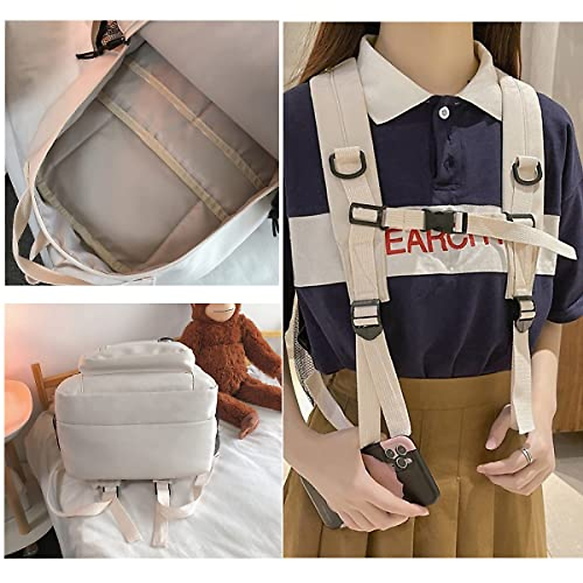 SPORTBANG Cute Aesthetic Backpack for teen girls middle school Bag Student Laptop White Backpacks With Cute pin accessories (White, One Size)