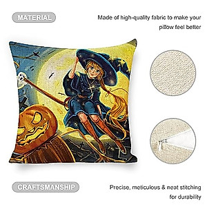 Witch Pumpkin Halloween Throw Pillow Covers 18×18 Pillowcases Set of 1 Cute Ghost Moon Linen Decorative Square Pillow Case Cushion Covers Standard Size for Sofa Couch Outdoor Bed Pillow Protectors