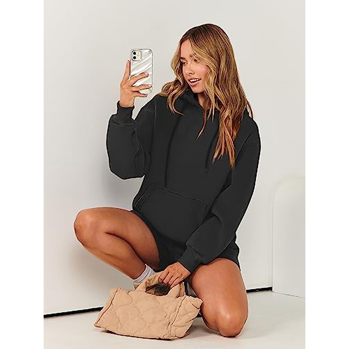 ANRABESS Women 2 Piece Outfits Sweatsuit Set 2023 Fall Two Piece Short Sweat Set Oversized Hoodie Sweatshirt Casual Tracksuit Casual Lounge Matching Set 1048heise-M