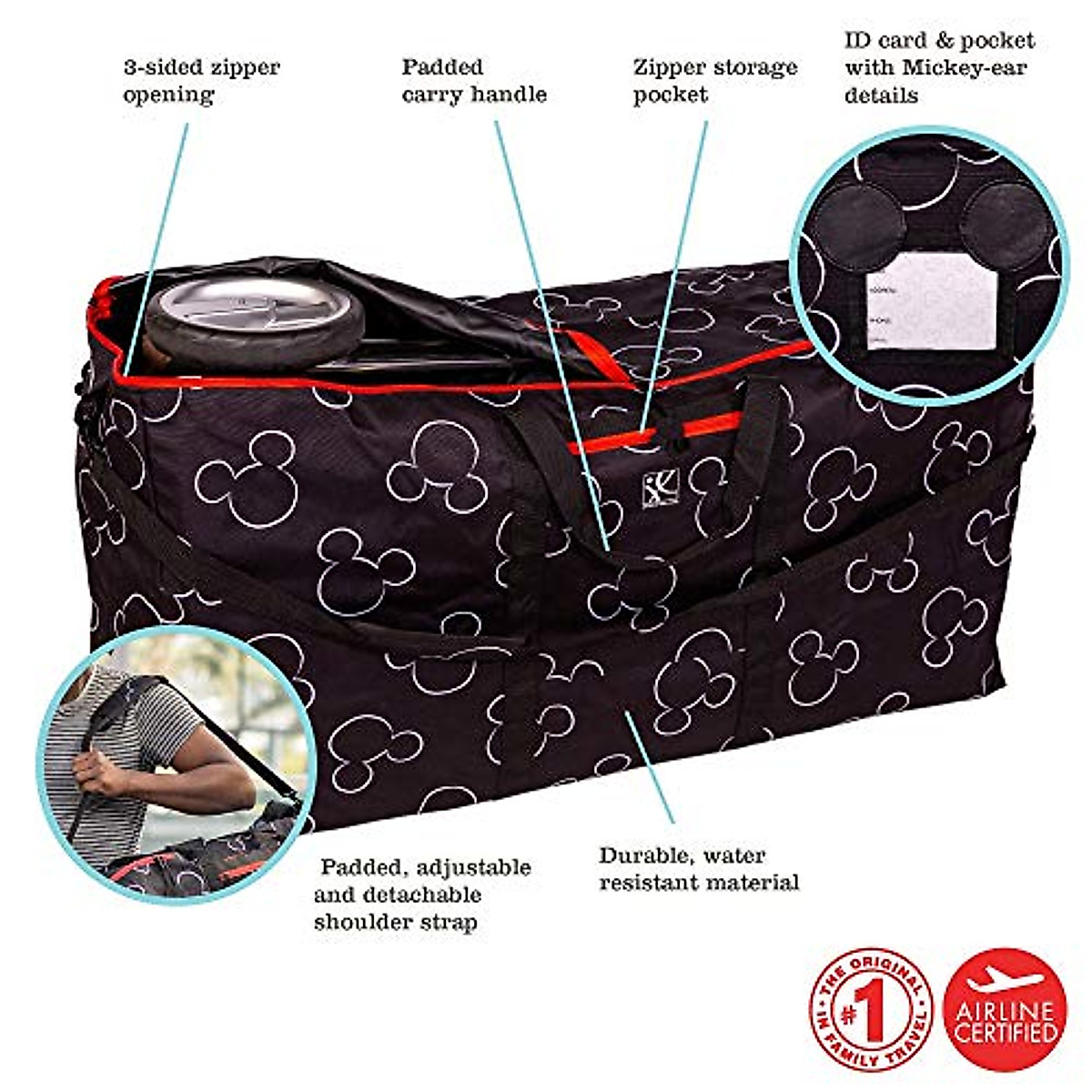 J.L. Childress Disney Baby Single & Double Stroller Travel Bag - Disney Gate Check Bag for Single & Double Strollers - Large Stroller Travel Bag for Airplane - Black, Mickey Mouse