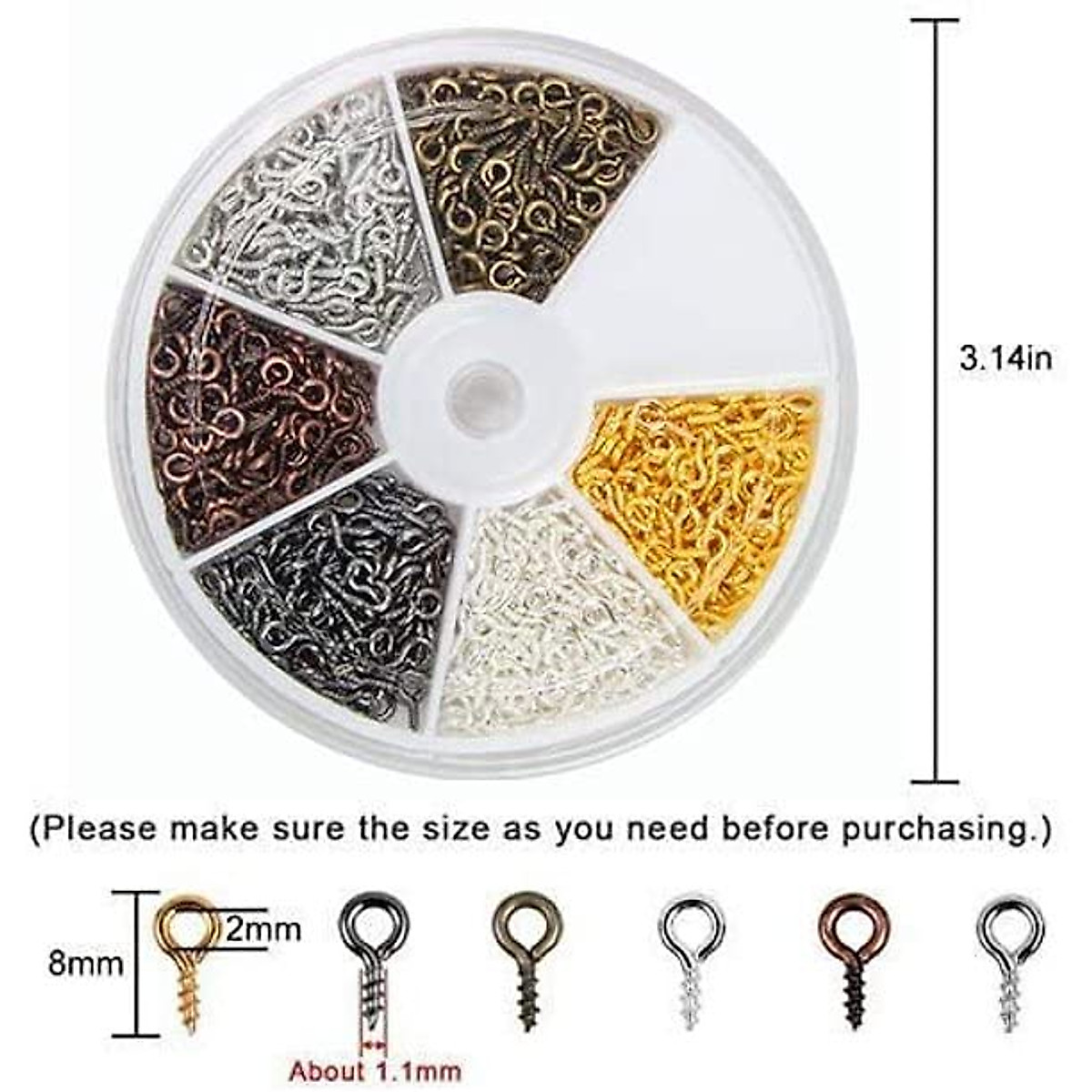 Coolrunner 6 Colors 600-1200Pcs Small Screw Eye Pins, Eye pins Hooks, Eyelets Screw Threaded Silver Clasps Hooks Eye Screws for Jewelry Making (600)