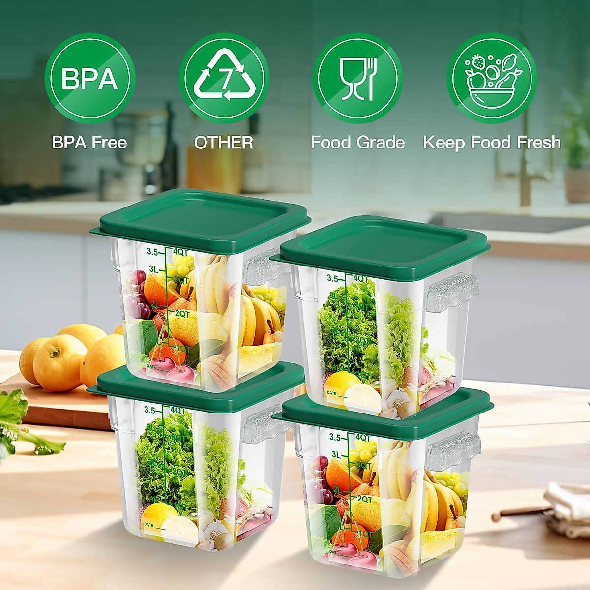 FeyBuosk 4 pcs 4qt Food Storage Containers with Lid, Square Clear Commercial Food Storage Containers with Handle and Scale for Food Storage in Home Kitchen & Dining (Green)