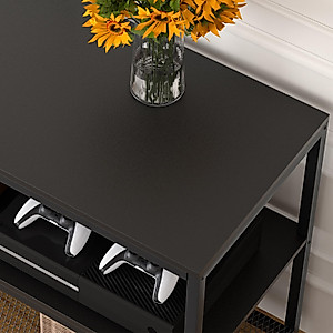 ADOFFUR 63 Inch Horizontal Bookshelf, Industrial 3 Tier Open Book Shelf with LED Strip and Outlets, Wood and Metal Long Bookcase for Home Office (Black)