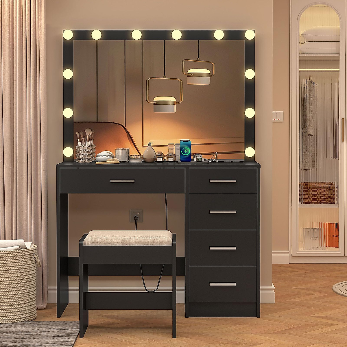 usikey Makeup Vanity with 12 Lights, Vanity Desk with Power Outlet, Makeup Vanity Table with 5 Drawers, Large Mirror, Dressing Vanity Table with Stool for Bedroom, Bathroom, Black